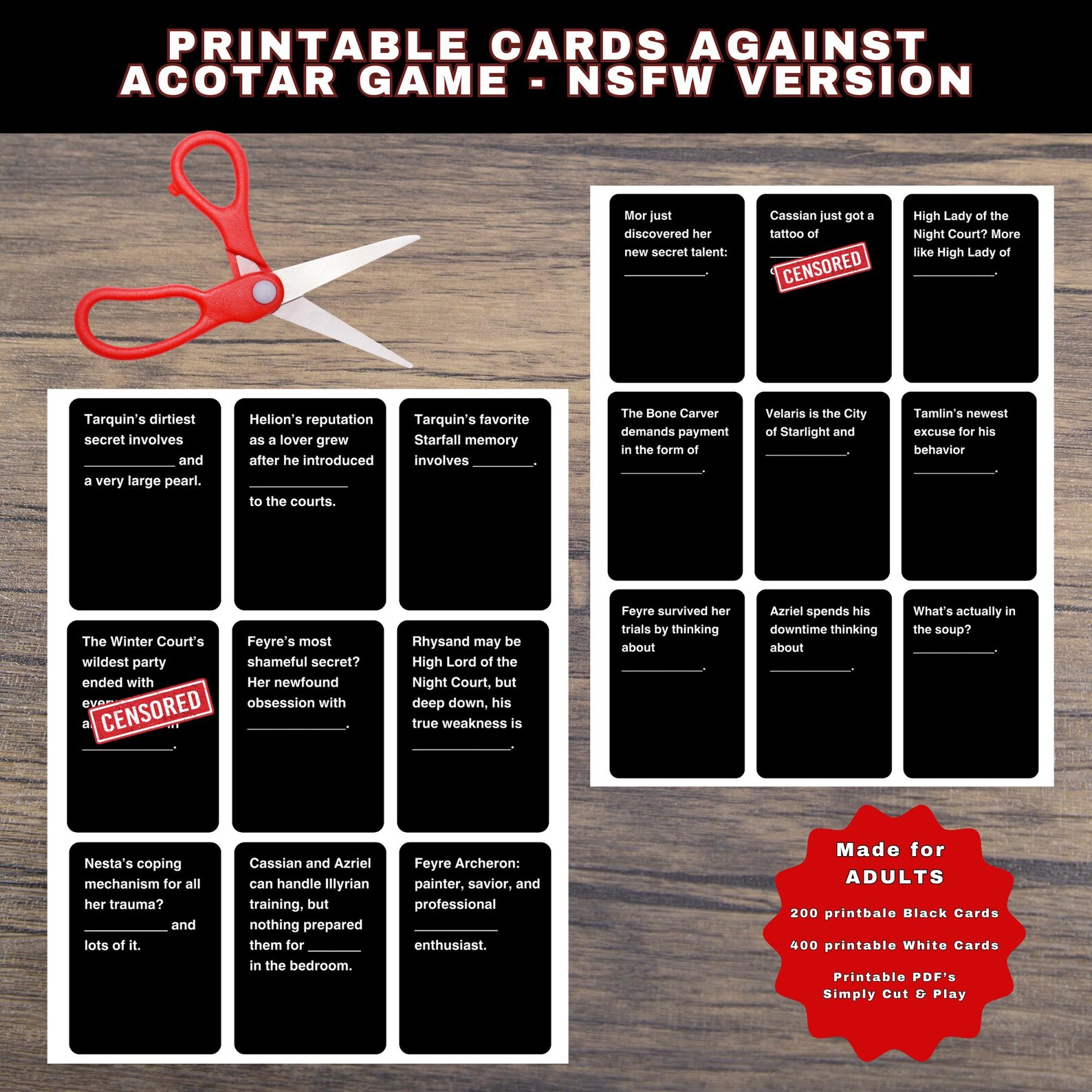 Cards Against Game ACOTAR Themed Adult Version Printable Party Game ...