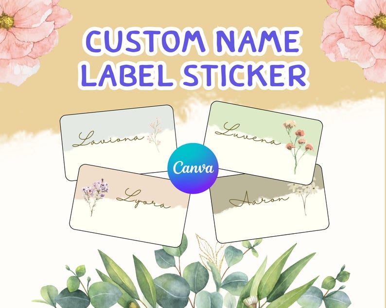 Custom Name Label Sticker Template | Editable Floral Name Tags | DIY ...