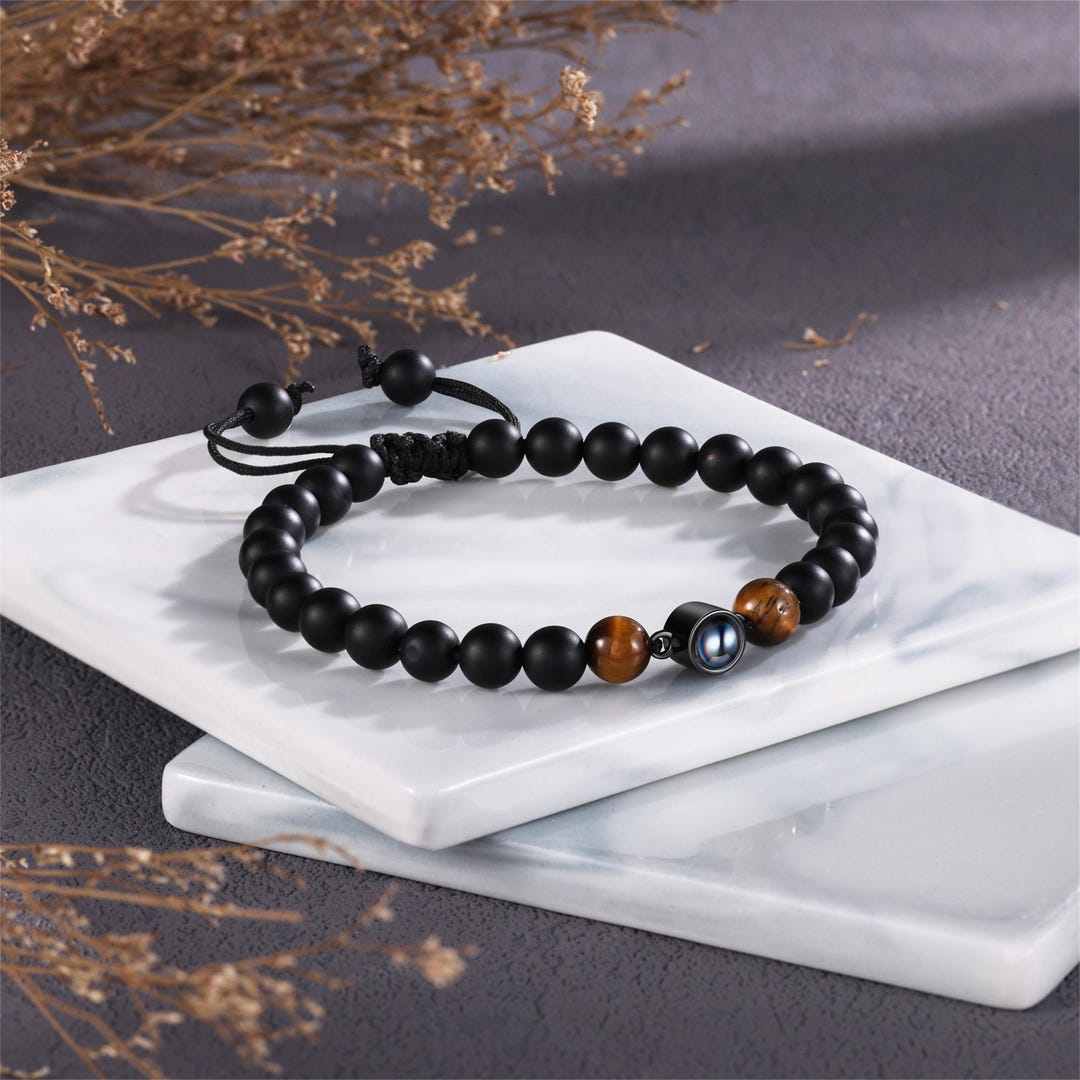 Personalized Photo Projection Bracelet, Obsidian Bracelet With Photo ...