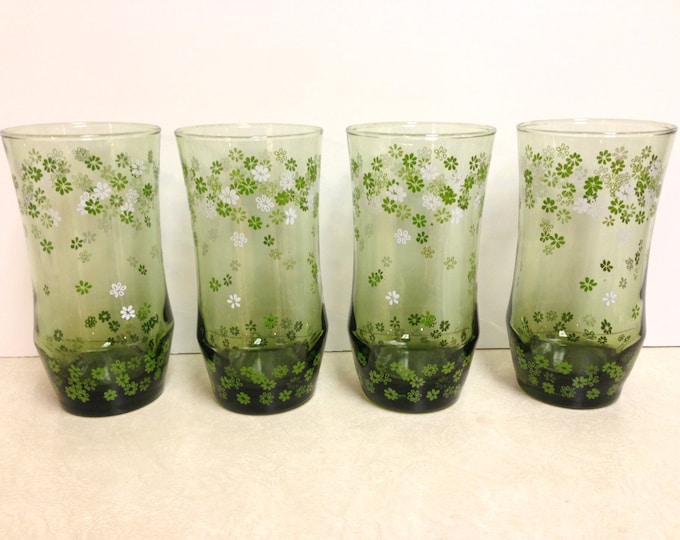 Green Vintage Drinking Glasses With Floral Pattern, Set of Eight - Etsy