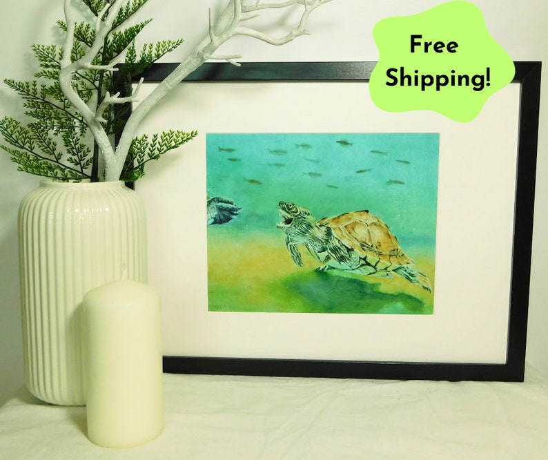 Swimming Map Turtle Watercolor Print - 10 X 14 Inches - Nature-inspired ...