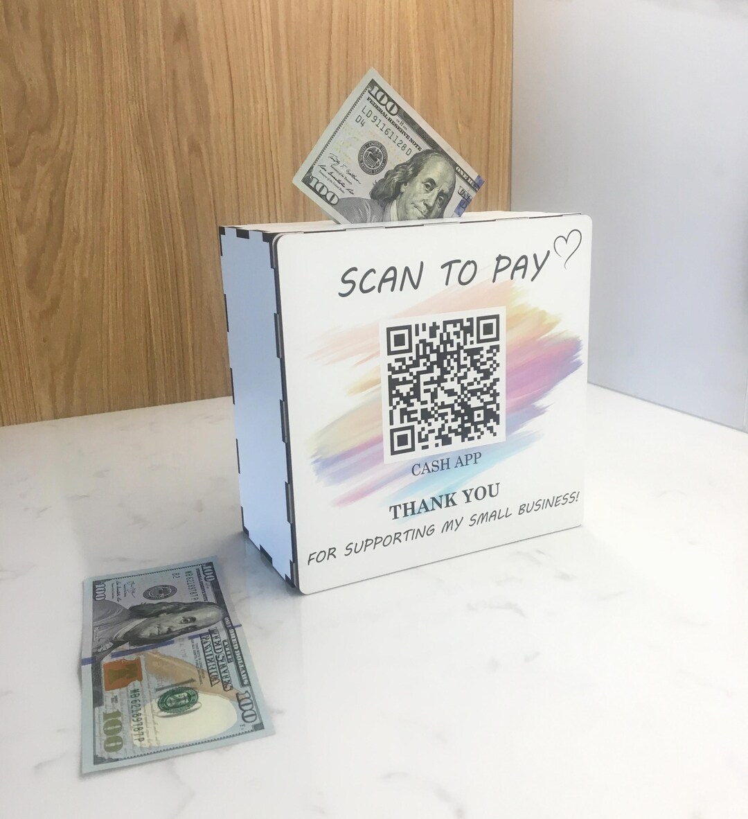 Personalized Wooden QR Code Tip Jar: Custom Business Sign, Scan to Pay ...