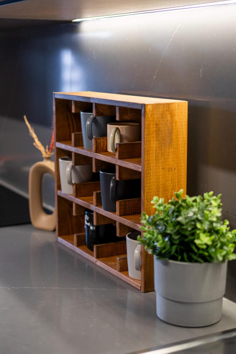 Handcrafted 100% Natural Wooden Mug Holder – 12-compartment Decorative ...