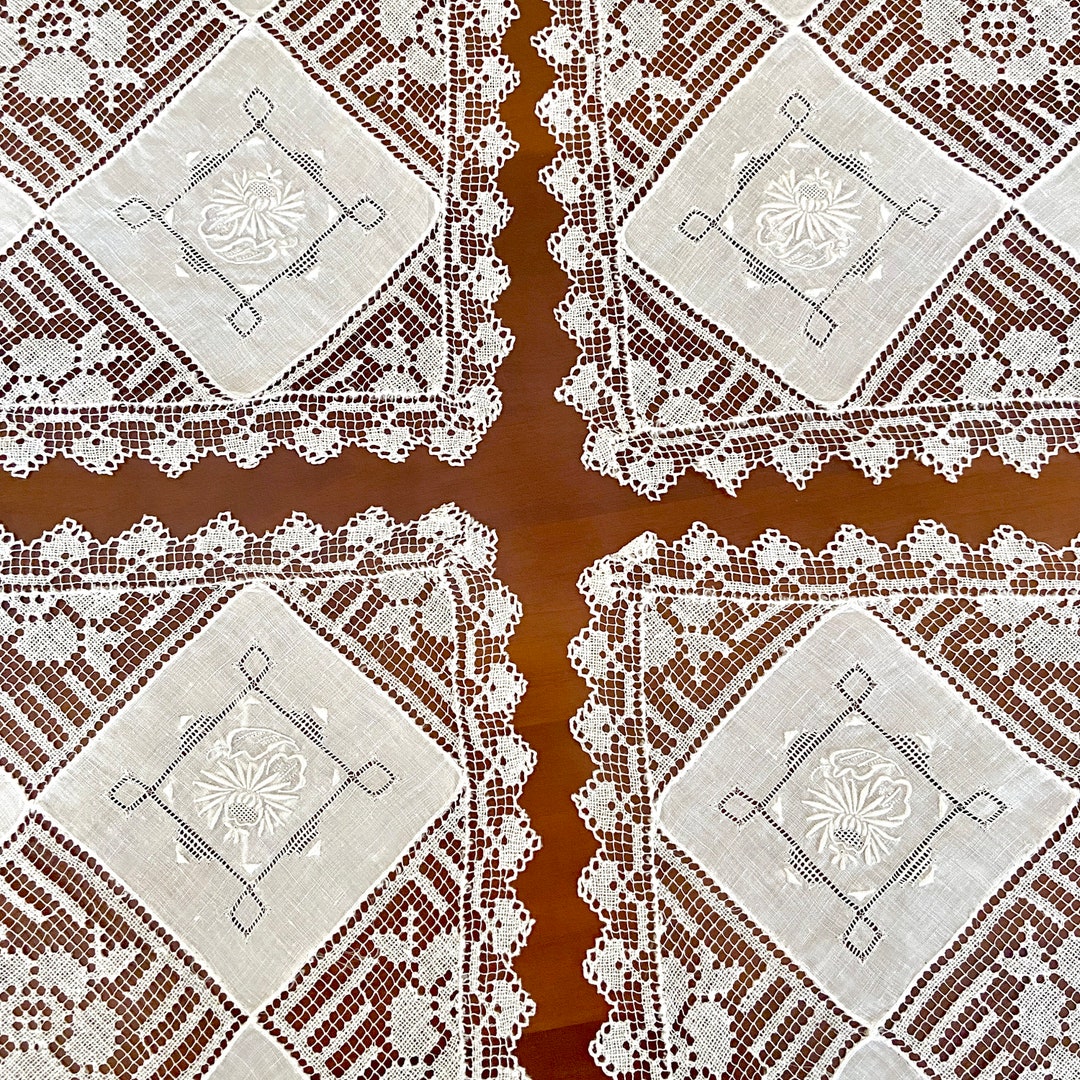 8 Army Navy Placemats With White Linen and Filet Lace, Hand Embroidered ...