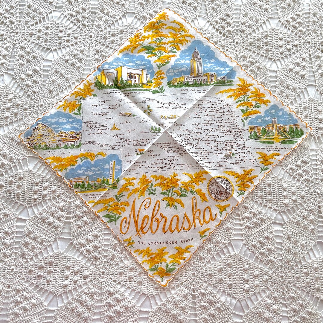 Nebraska Handkerchief State Map Souvenir the Cornhusker State, Yellow ...
