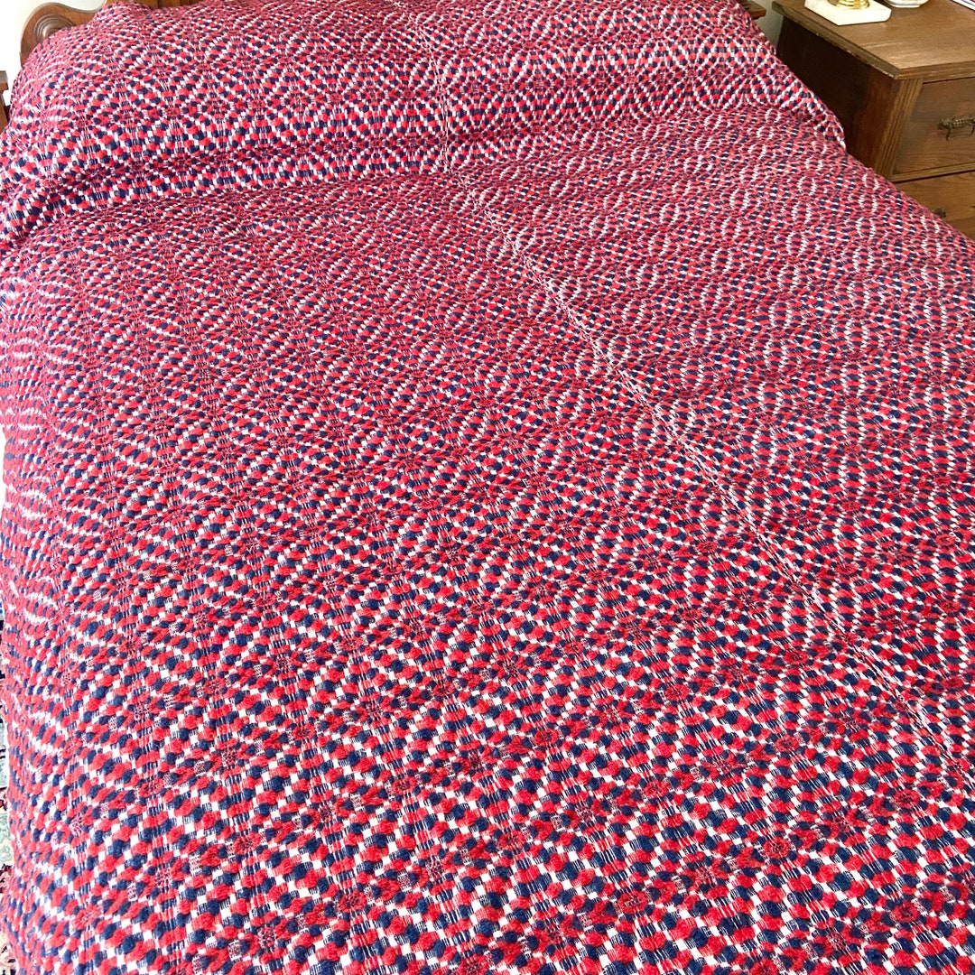 Antique Wool Overshot Coverlet Throw in Red and Indigo, Hand Loomed ...