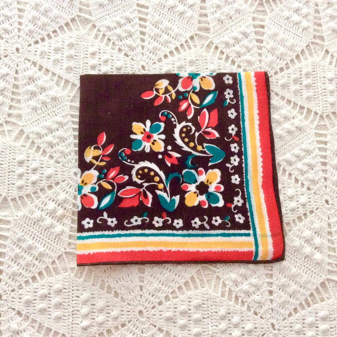 Linen Handkerchief Floral Print in Neon Colors Pennsylvania Dutch Style ...