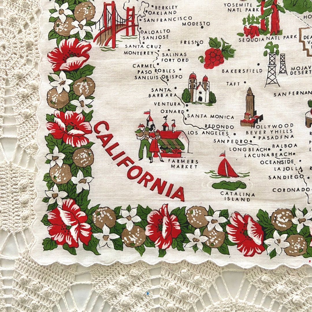 California Map Handkerchief State Souvenir in Red and Green, Vintage ...