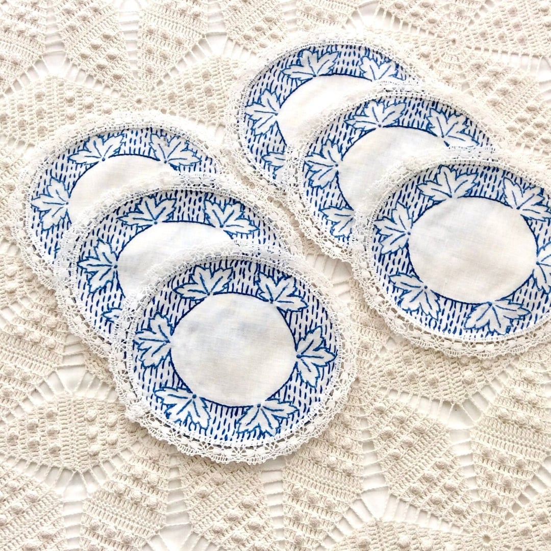 6 Round Linen Coasters With Blue Leaves Embroidered Edge, Doilies White ...