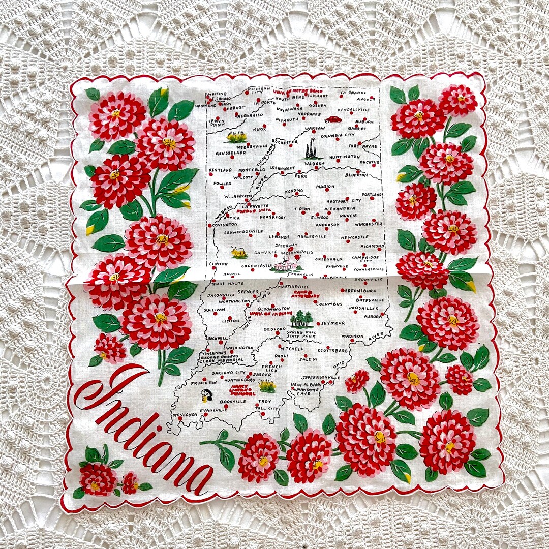 Indiana Handkerchief State Map, Travel Souvenir From Hoosier State, Red ...