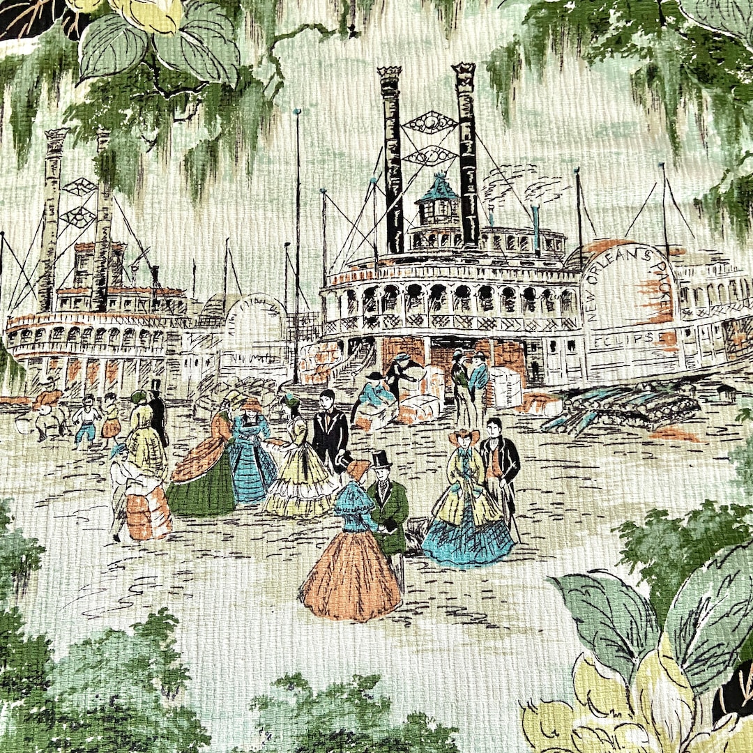 2 Barkcloth Curtain Panels New Orleans Eclipse Mississippi Riverboat ...