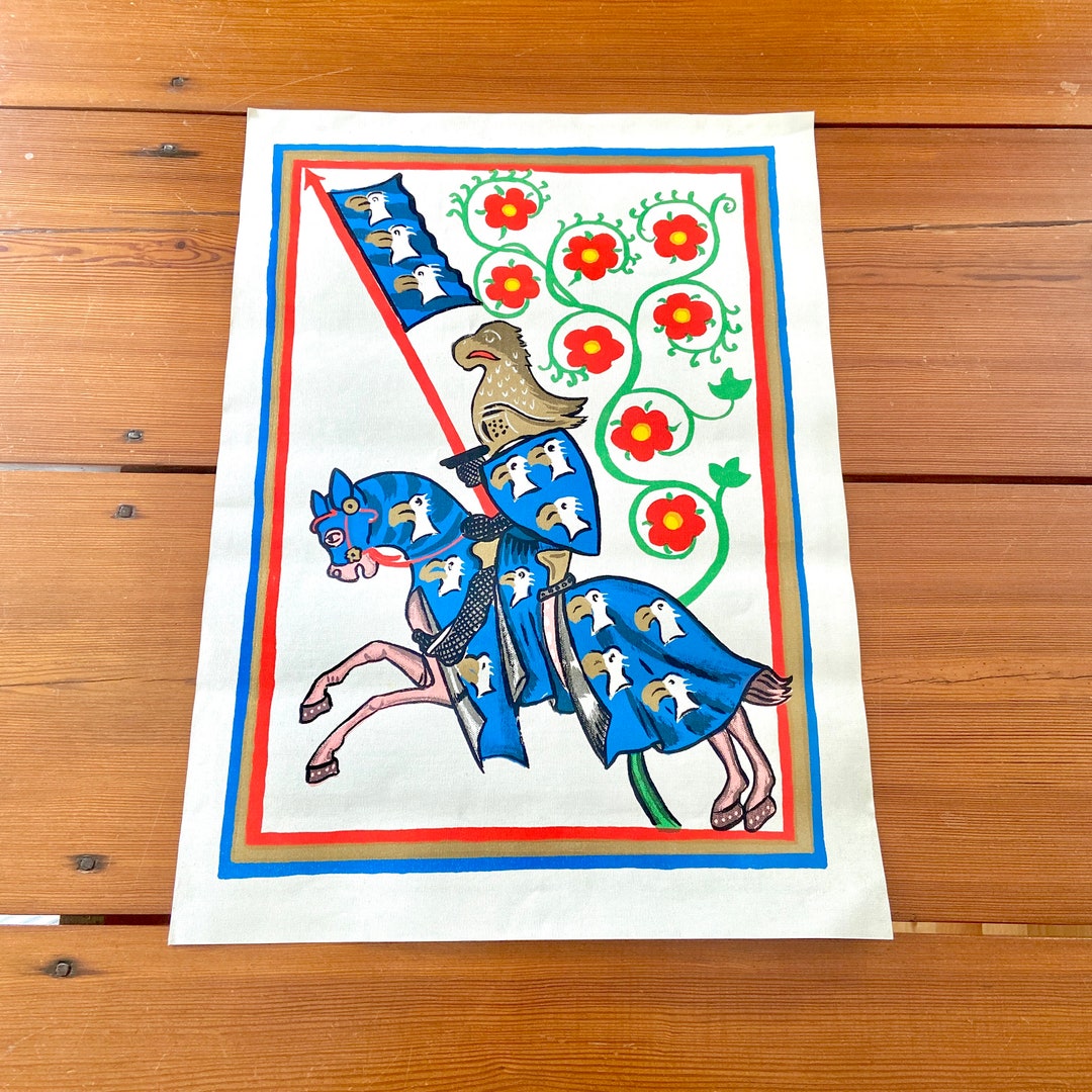 Canvas Poster Medieval Blue Knight on Horseback 1960s Reproduction ...