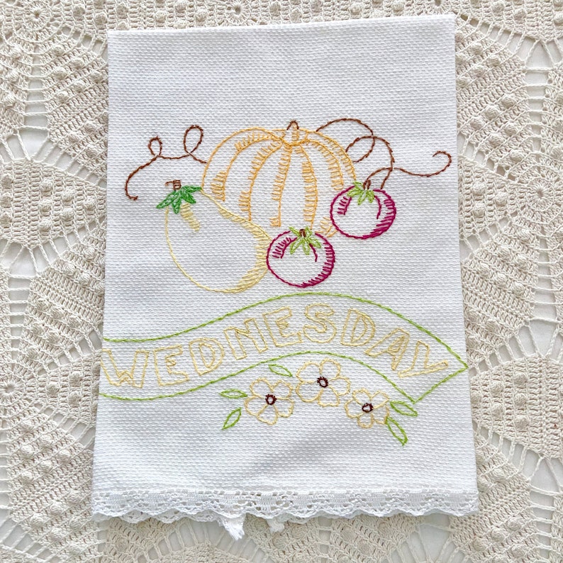 Hand Embroidered Kitchen Towels, Days of the Week, Fruit & Parrots ...