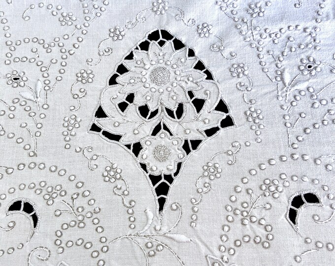 1920s White Embroidered Flat Sheet, Madeira Hand Embroidery on Cotton ...