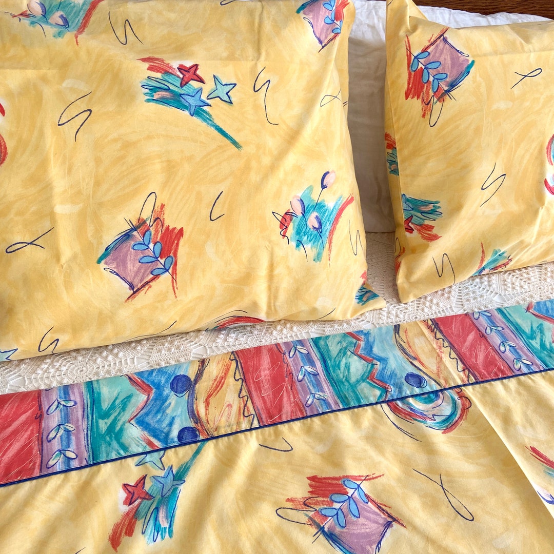 Queen Flat Sheet and 2 Standard Pillowcases Yellow Abstract Design ...