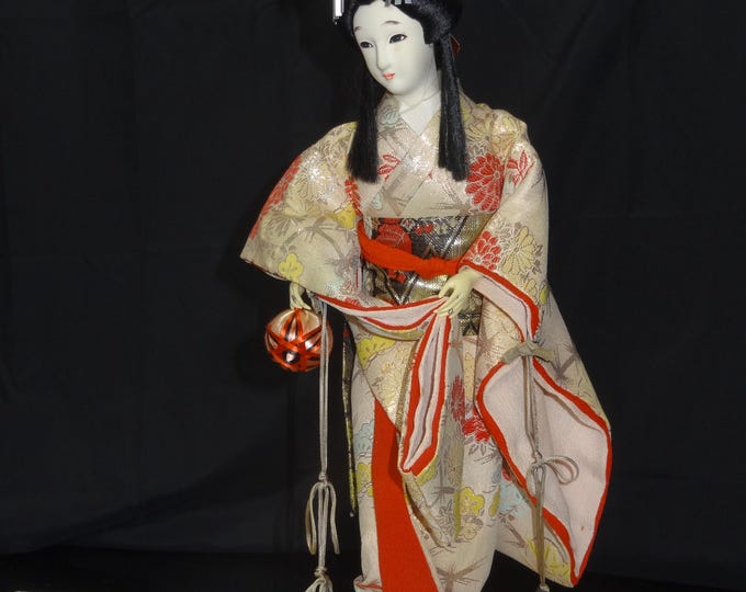 Japanese Antique Geisha Doll with Temari Ball - Gold Brocade Kimono ...