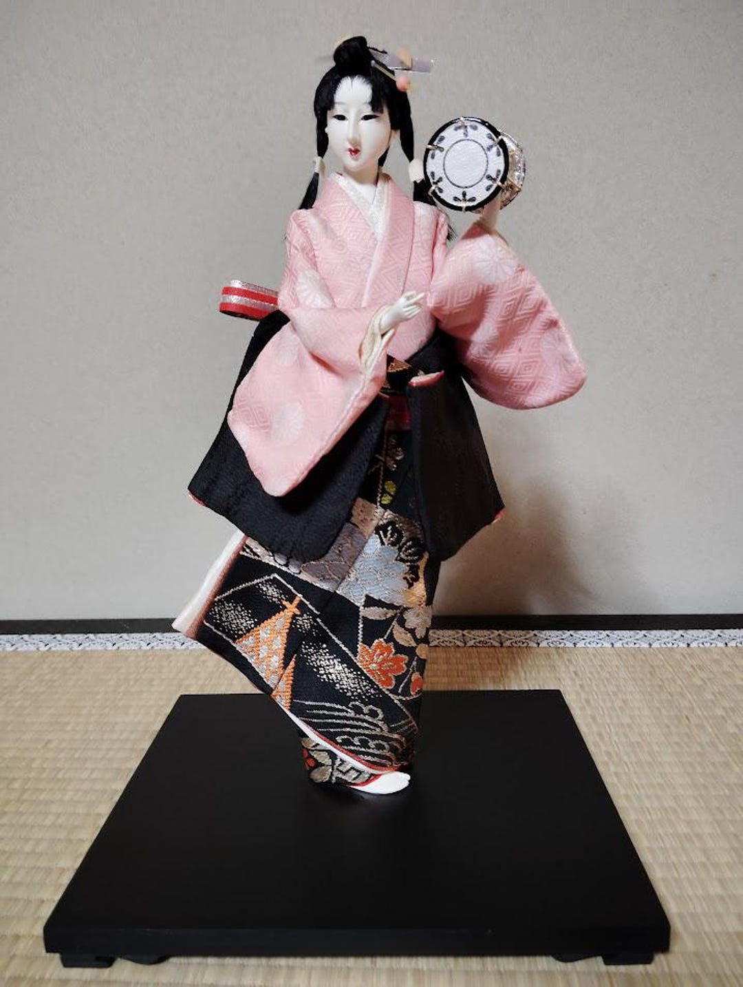 Traditional Japanese Craft Geisha Doll, 38cm Height, Pink Kimono, Drum ...