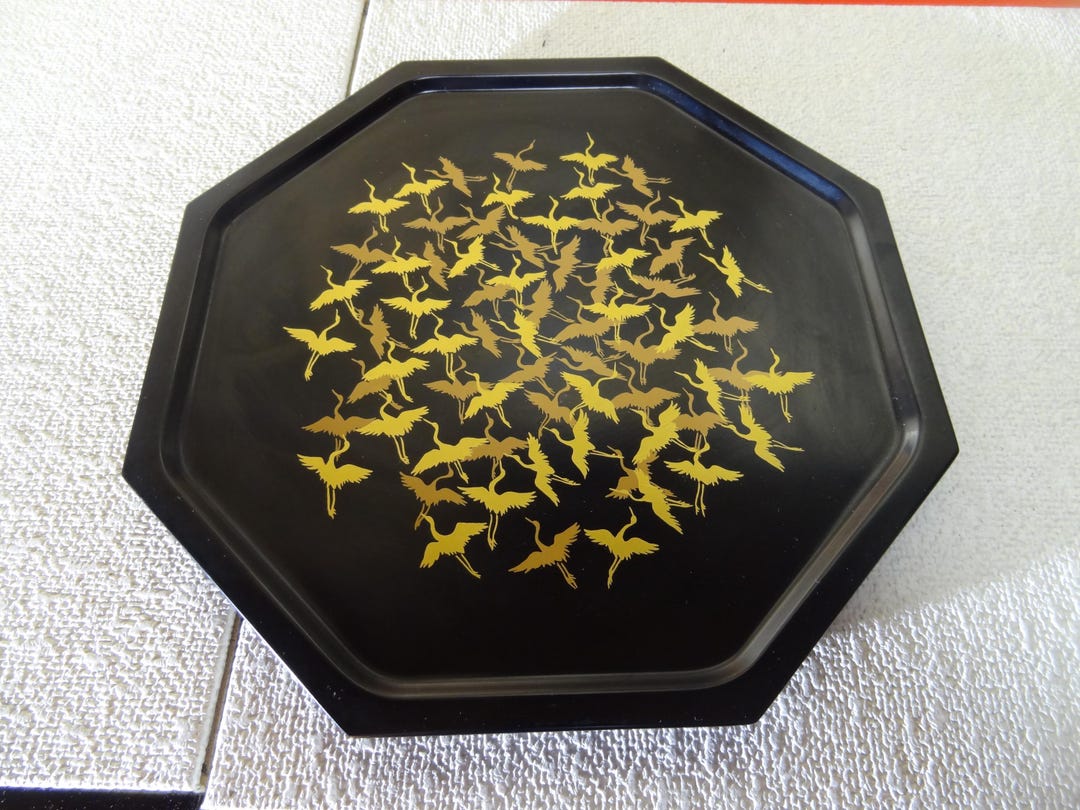 Wajima Lacquerware Octagonal Black Tray With Gold Crane Maki-e by ...