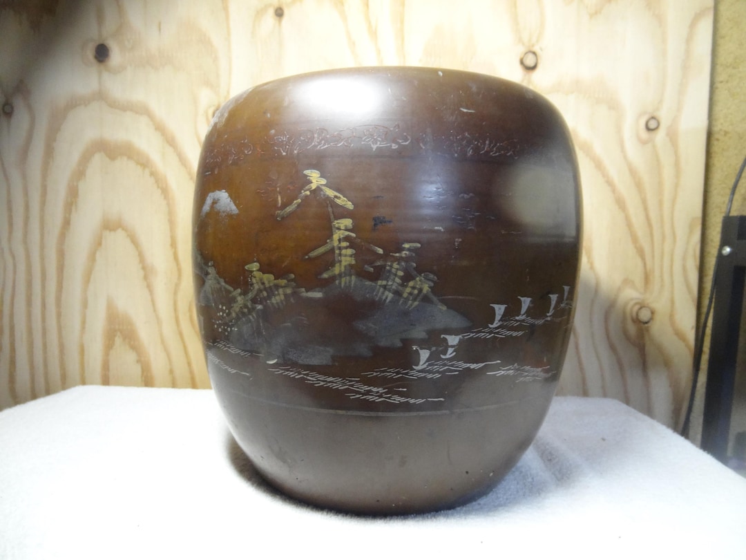 Antique Japanese Hibachi Hand Warmer Ceramic Lacquered Scenic Engraving ...