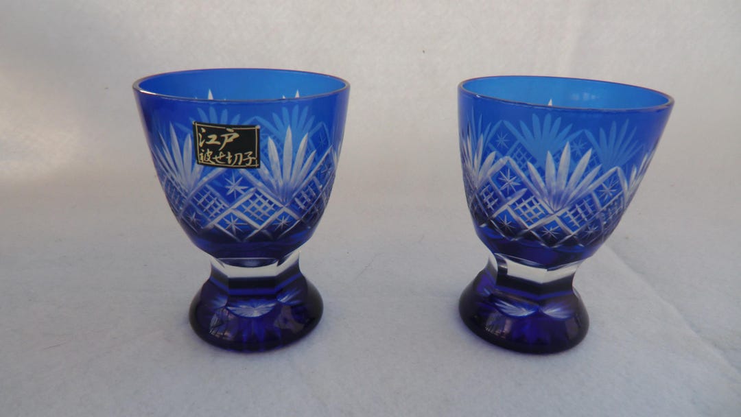 Traditional Edo Kiriko Blue Pair Sake Cups Set Elegant Design - Etsy