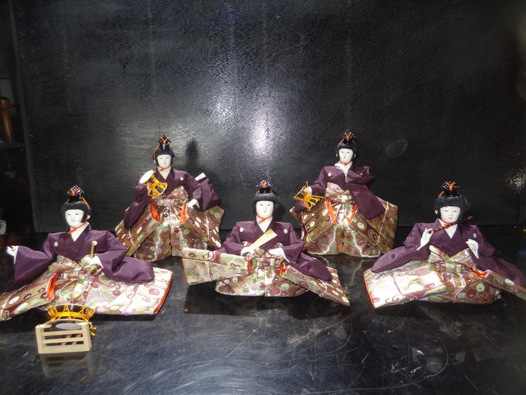 Vintage Japanese Hina Dolls Five Court Musicians Set, Silk Kimono Gojin ...