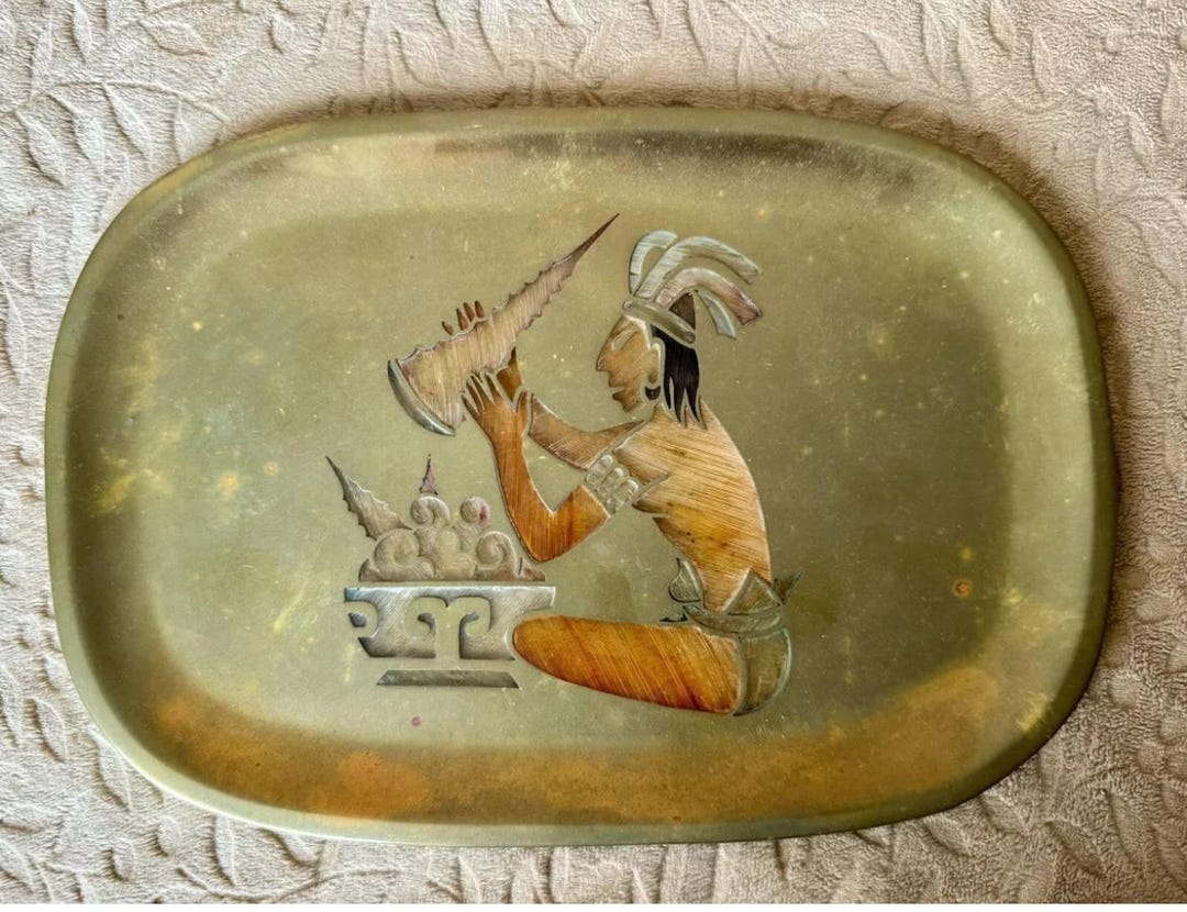 Vintage Signed Los Castillo Taxco Mexico Azteca Plume Bronze Inlaid ...