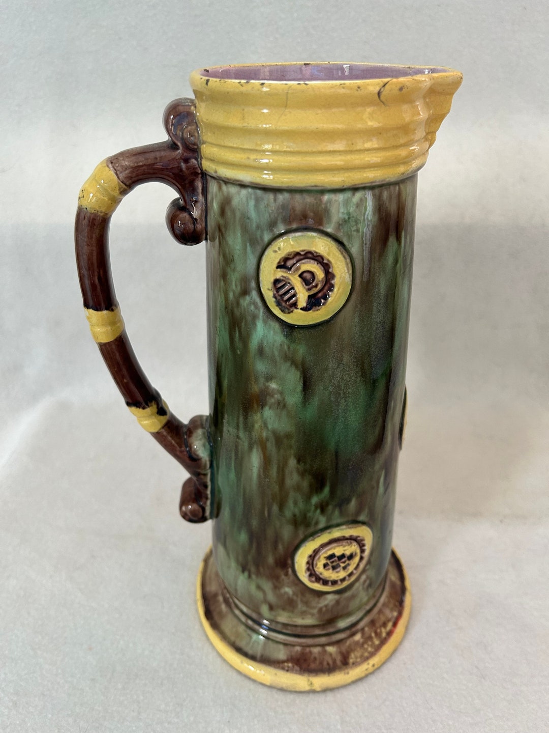 Antique Majolica Victorian Lead Glazed Tall Hand;ed Art Pottery Ewer ...