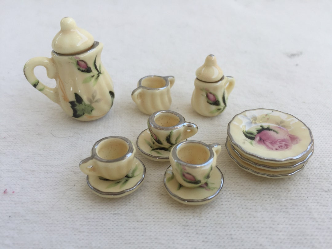 9 Piece Vintage Porcelain Dollhouse Miniature Rose Coffee Set Sugar ...