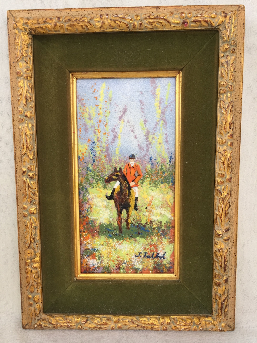 Vintage Artist Signed J. Talbot Enamel Equine Arts Horse Rider Painting ...