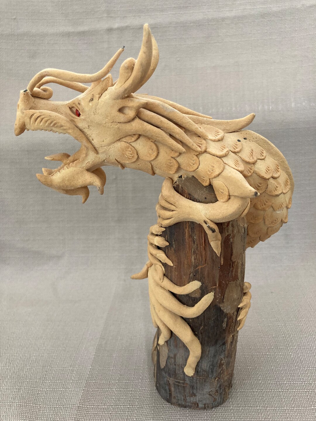Vintage Asian Chinese Feng Shui Boxwood Dragon on Wood Tree Stump ...