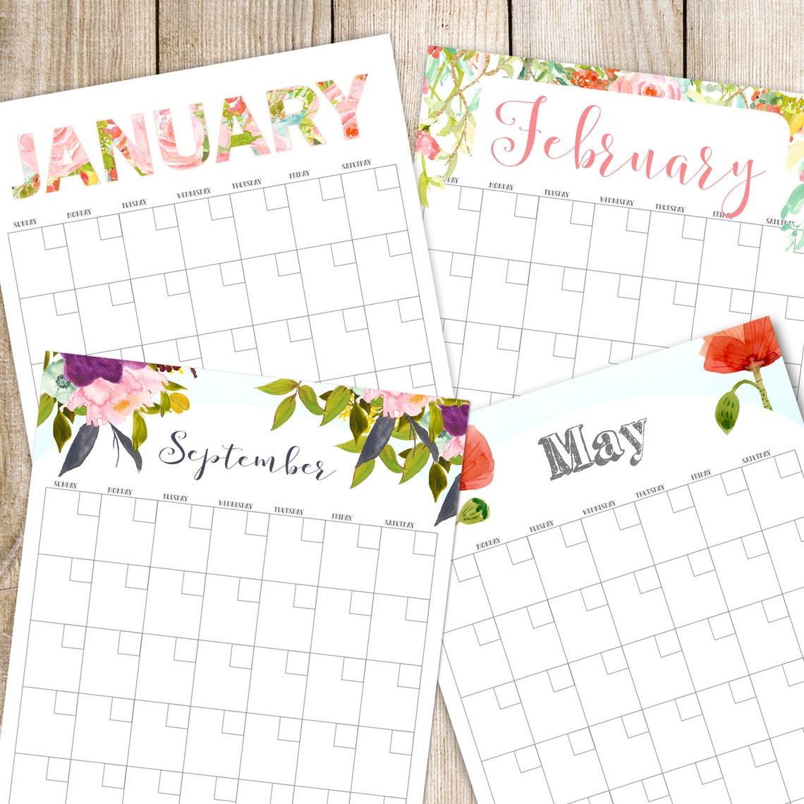 Calendar Full-year Printable Calendar Reusable Printable - Etsy