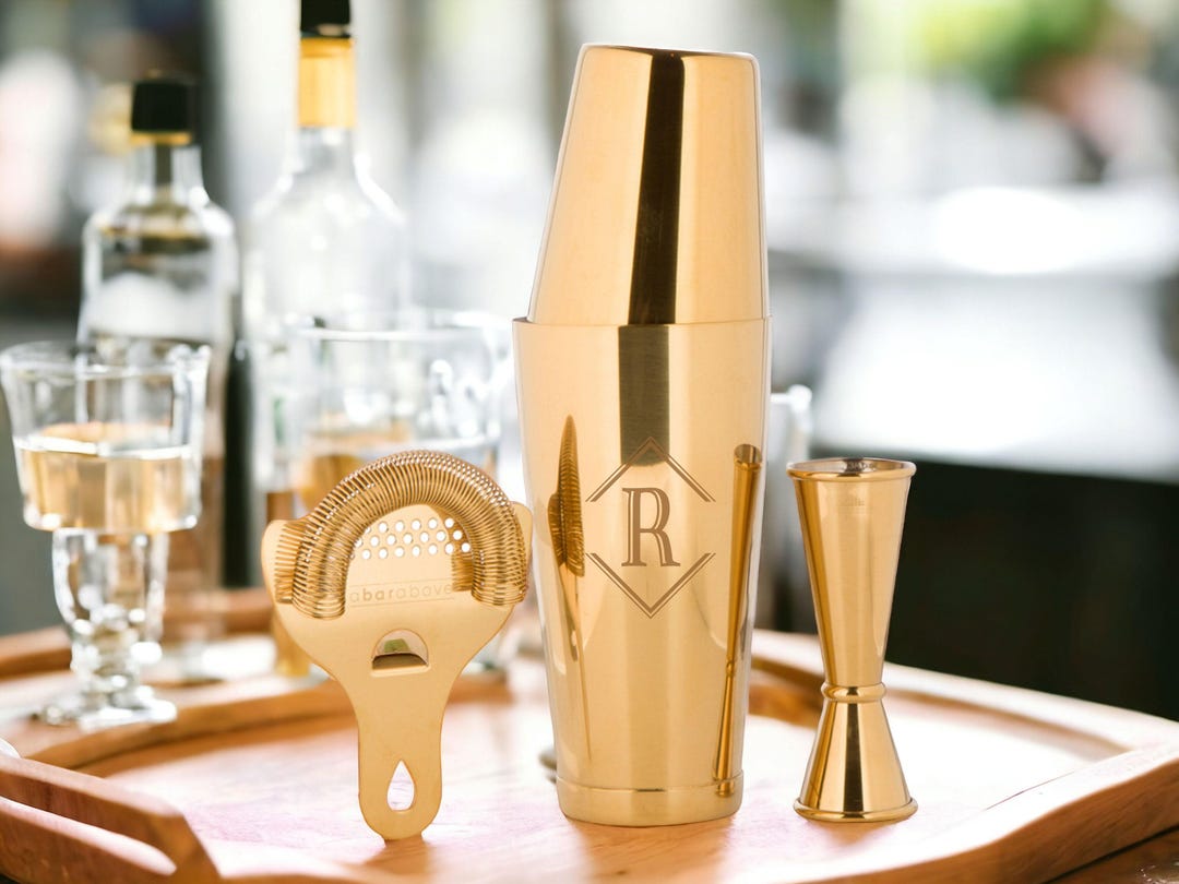 Personalized Engraved Cocktail Shaker - Four Piece Set, Gold Finish, A ...