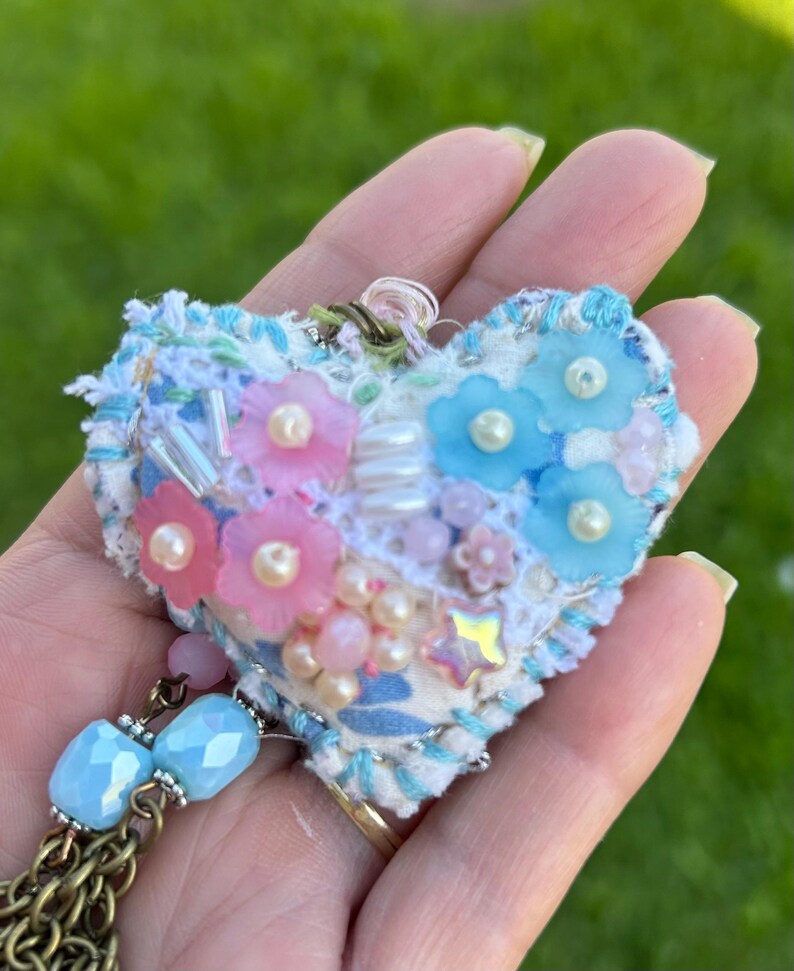 Hand Stitched Fabric Beaded Heart Necklace - Etsy