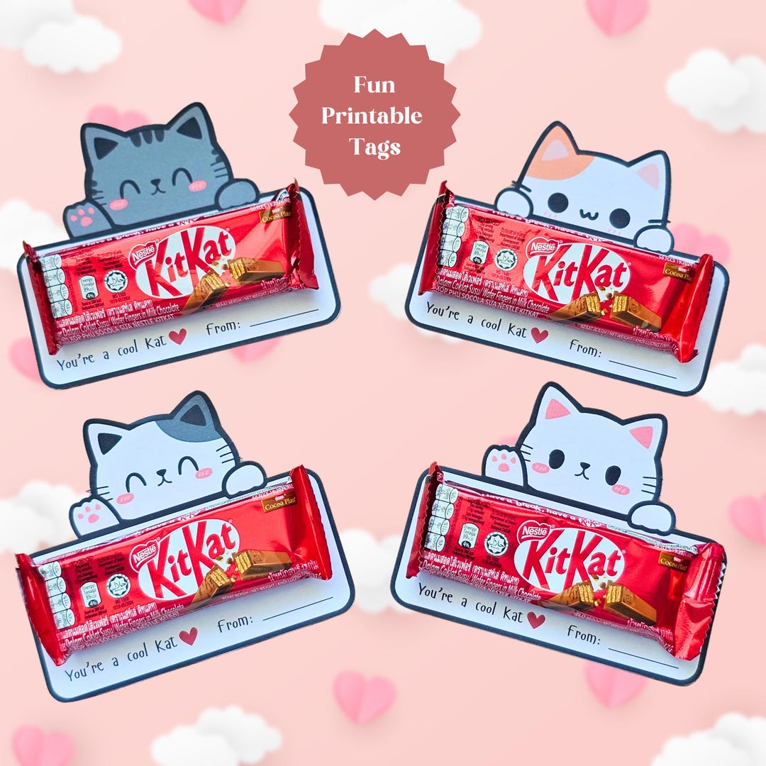 Printable Cat Valentine Favor Tag – Kitkat Candy Treat, Classroom ...