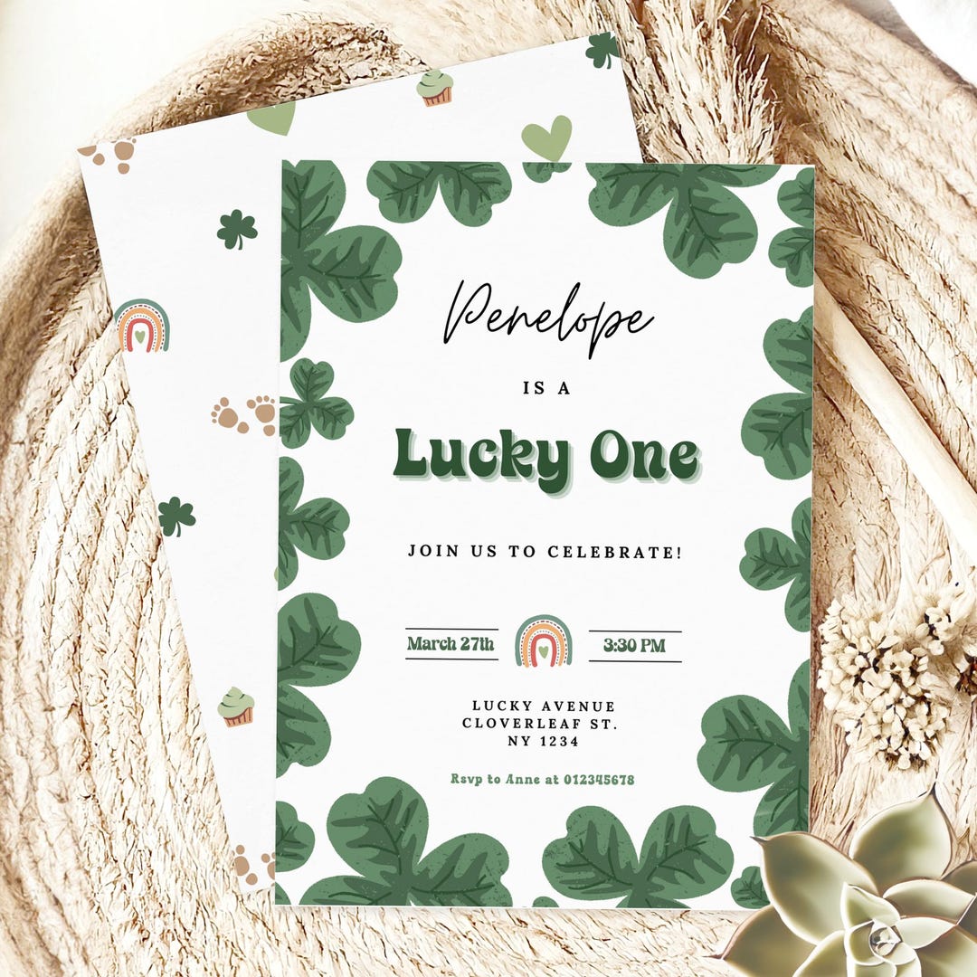 Lucky One First Birthday Invitation Template St Patrick's Day Shamrocks ...