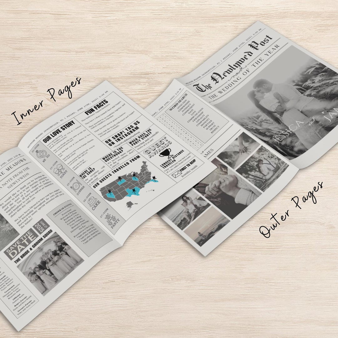 Vintage Wedding Newspaper Program Template: Editable Photo Announcement ...