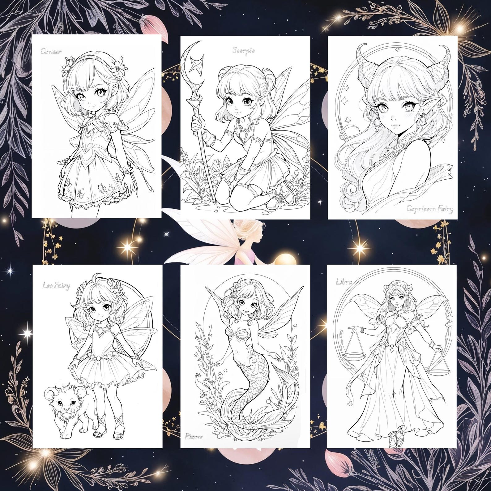 Zodiac Fairy Collection | 35 Printable Coloring Pages for Kids, Adults ...