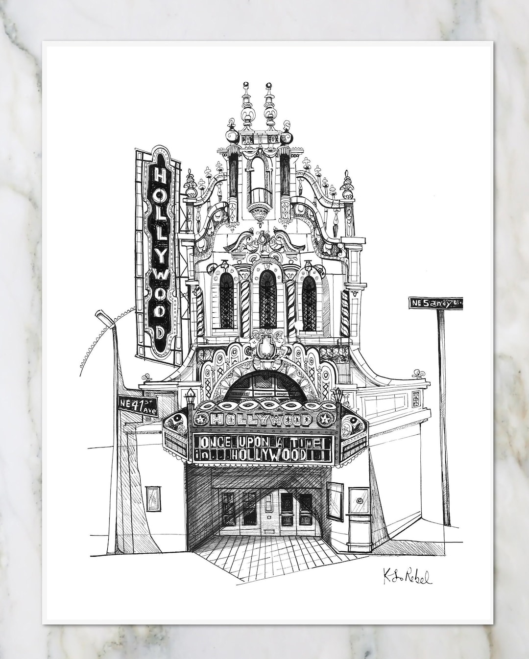 Hollywood Theater | Portland Drawing | Pen and Ink Wall Art by Klorebel ...