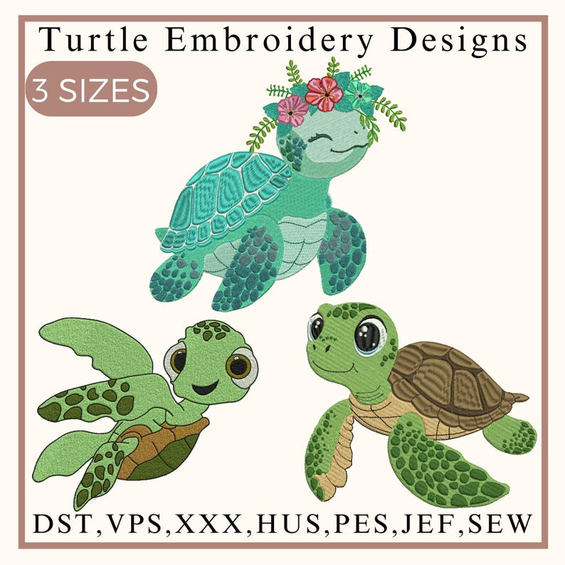 Turtle Embroidery Design, Sea Turtle Embroidery, Turtles and Flowers ...