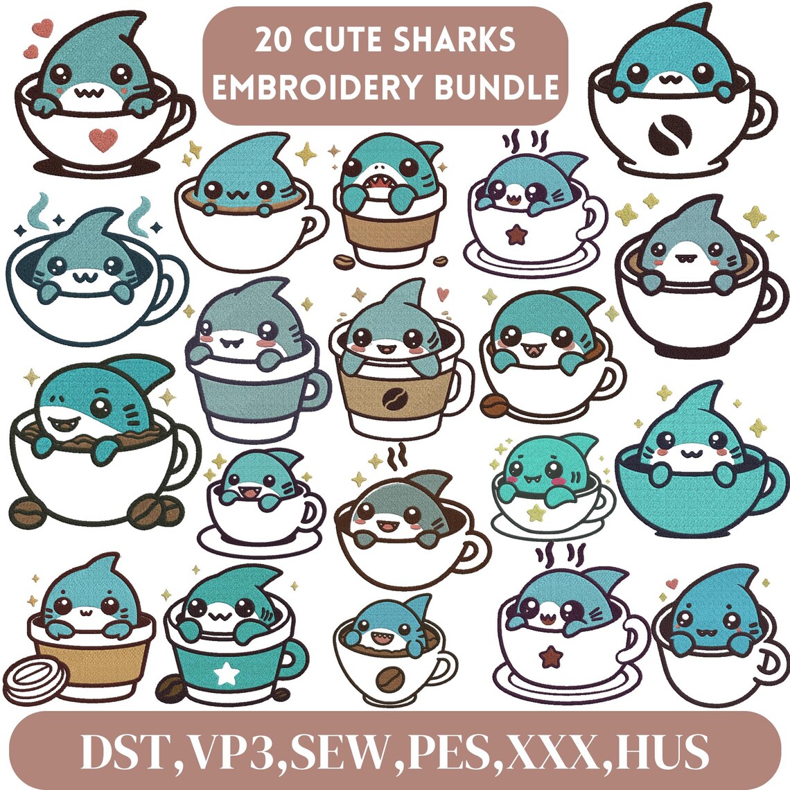 Shark Embroidery Design, Cute Shark Embroidery, Shark in Cup Embroidery ...