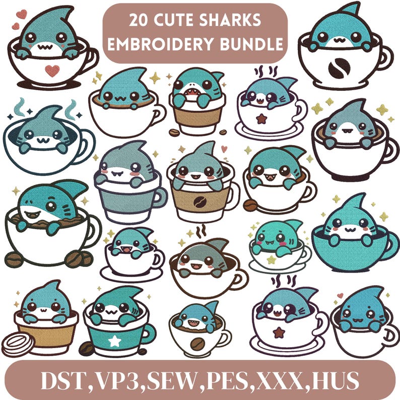 Shark Embroidery Design, Cute Shark Embroidery, Shark in Cup Embroidery ...