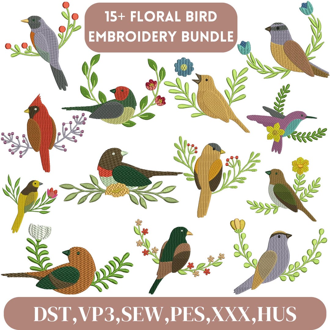 Birds Embroidery Design, Floral Bird Embroidery Design, Bird Embroidery ...
