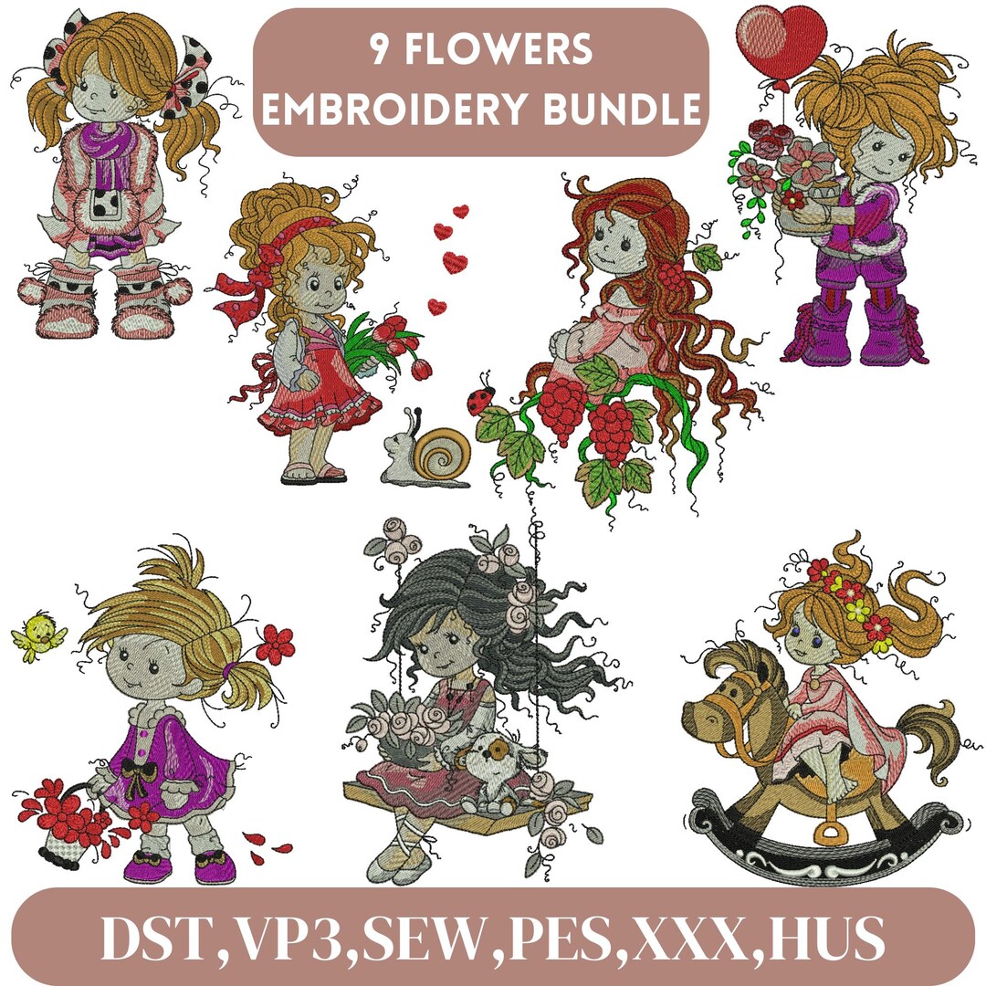 Girls Embroidery Design, Cute Girl Embroidery, Swirly Tricot Girl ...