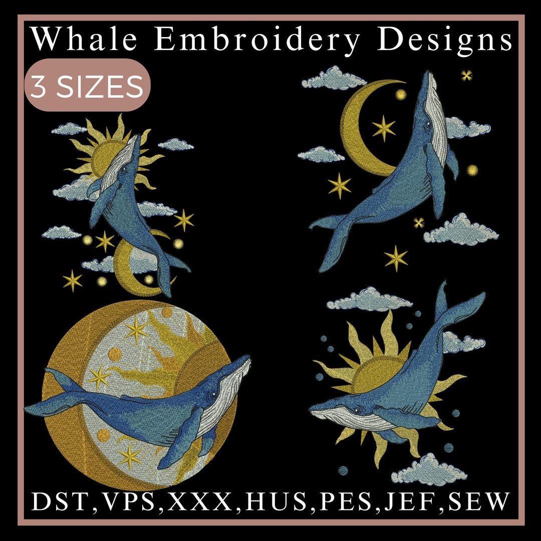 Whale Embroidery Design, Sea Animal Embroidery, Whale With Sun ...