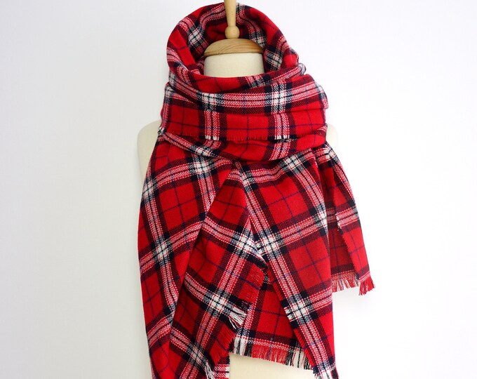 Oversized Wool Scarf Shawl Woolen Blanket Scarf in Red Tartan Large ...