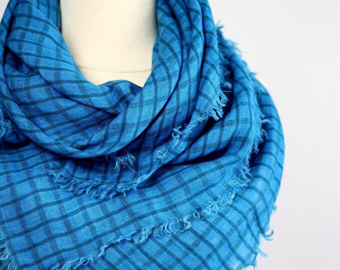 Blue Linen Scarf for Men Checkered Square Scarf 100% Flax - Etsy