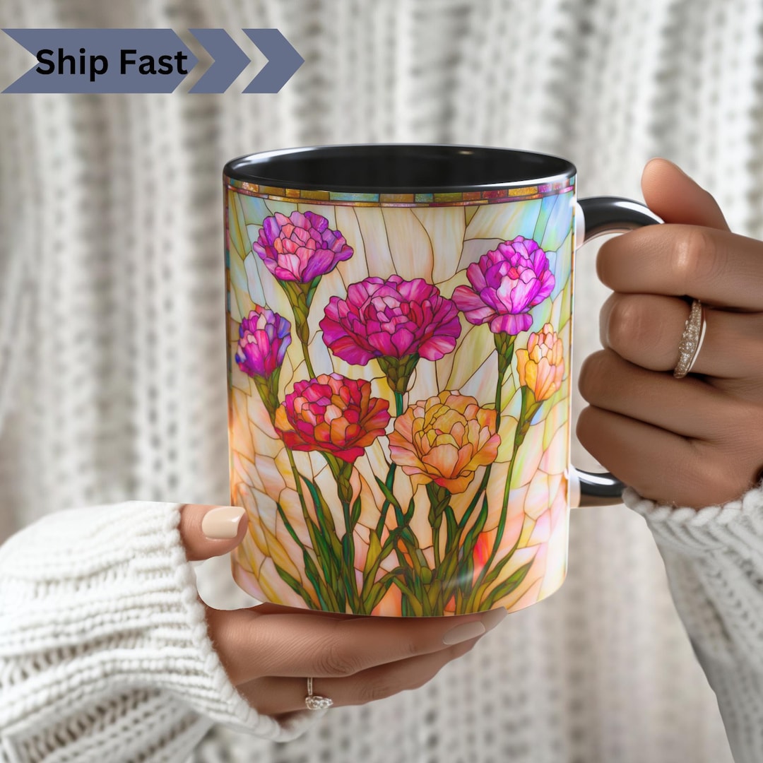 Stained Glass Style Carnation Flowers Mug, Birth Flower Month Mug ...