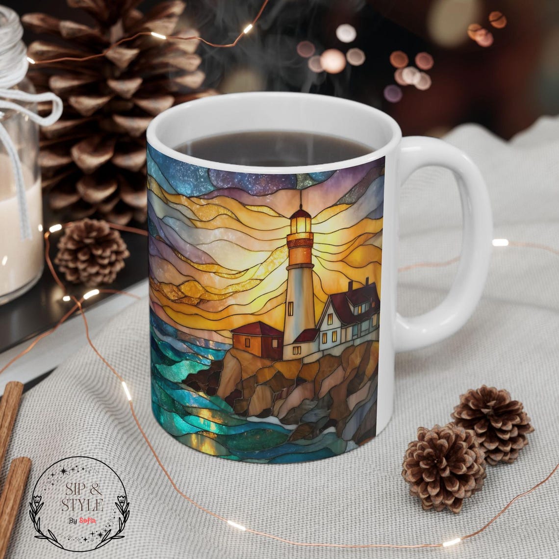 Lighthouse Sunset Mug: Stained Glass Style Coastal Art Coffee Cup - Etsy