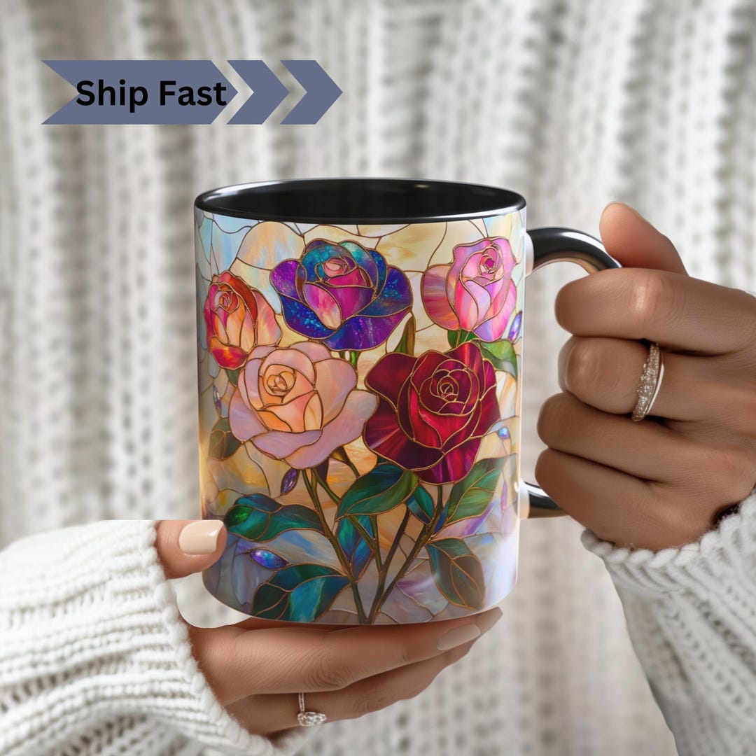 Roses Stained Glass Print Mug: Bohemian Floral Coffee Cup - Etsy