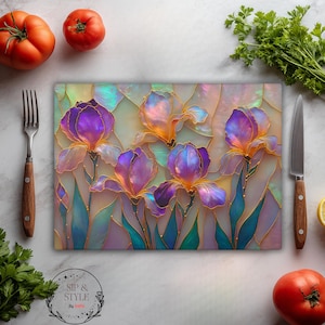 Iris Flower Glass Cutting Board: Mother-of-pearl Floral Kitchen Decor ...